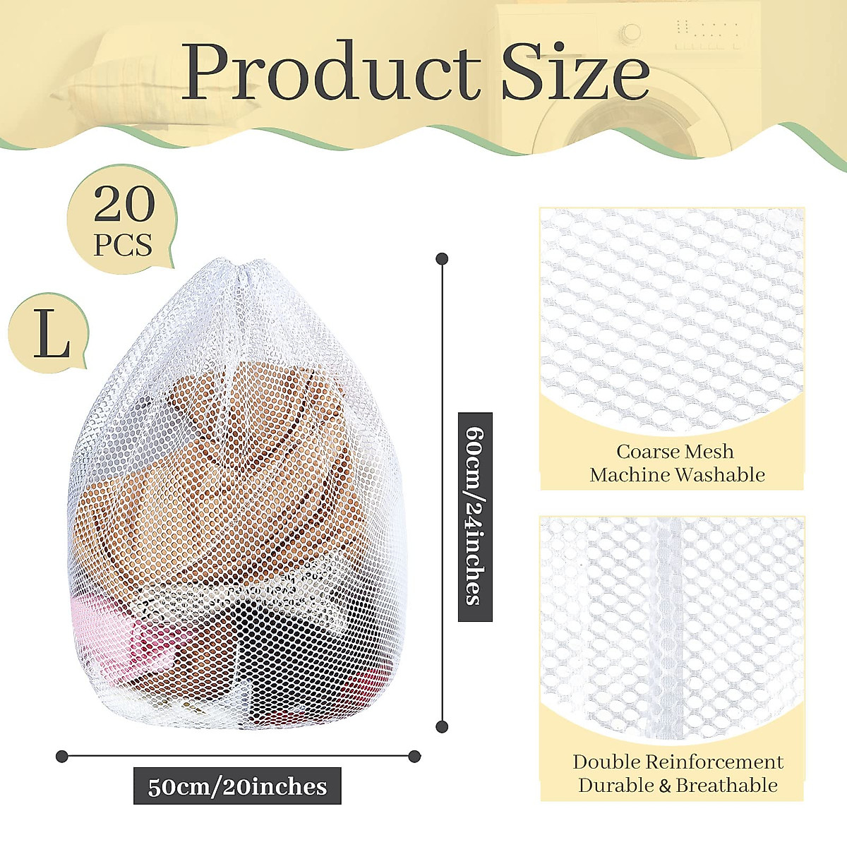 Mesh Laundry Bags with Drawstring 20 x 24'' Machine Washable White Laundry Mesh Bag Sturdy Large Net Laundry Wash Bag for Dormitory College Apartment Travelling Camping（20 Pcs ）