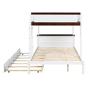 Harper & Bright Designs Full Over Full Bunk Bed Twin Size Trundle, Wood Full Bunk Bed with USB Ports, Storage and Desk, White+Walnut