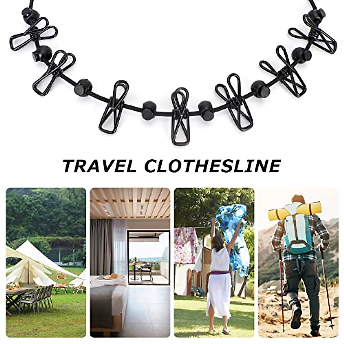 FYY Clothesline, Portable Elastic Travel Camping Clothes line with 12 Black Clips, Retractable Laundry Drying line for Home, Backyard, Hotel, Outdoor and Indoor Use (Black)