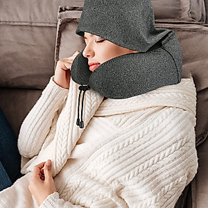 Cirorld Neck Pillow for Travel, Memory Foam Travel Pillow with Hood, Adult Airplane Pillow for Head Rest Neck Support, Portable Pillow for Office Cars Trains Long Flights Sleeping (Deep Grey)