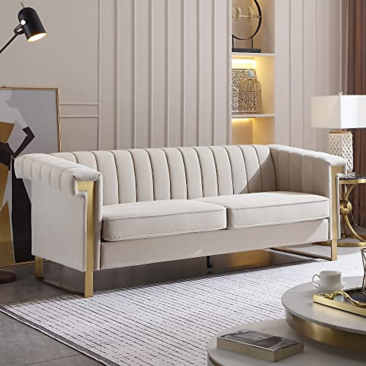 SLEERWAY Beige Velvet Couch Sofa, 84 Wide Mid-Century Modern Love Seat Tufted Chesterfield Velvet Sofa Loveseat Futon with Curved Arm Gold Leg, 3 Seat Large Comfy Couches Sofas for Livingroom (Beige)
