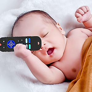 Silicone Baby Teething Toy Remote Control Shaped Baby Teether with a Cute Pacifier Clip Chain Soft Baby Chew Toys Early Sensory Education Molar Toy for Babies 3-18 Months (Black)