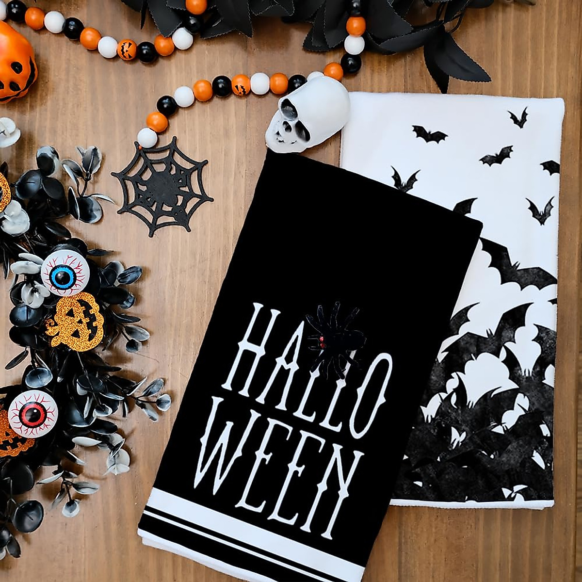 ARKENY Halloween Kitchen Towels Set of 2,Black Bats Dish Towels 18x26 Inch Drying Dishcloth,Farmhouse Home Decoration AD123
