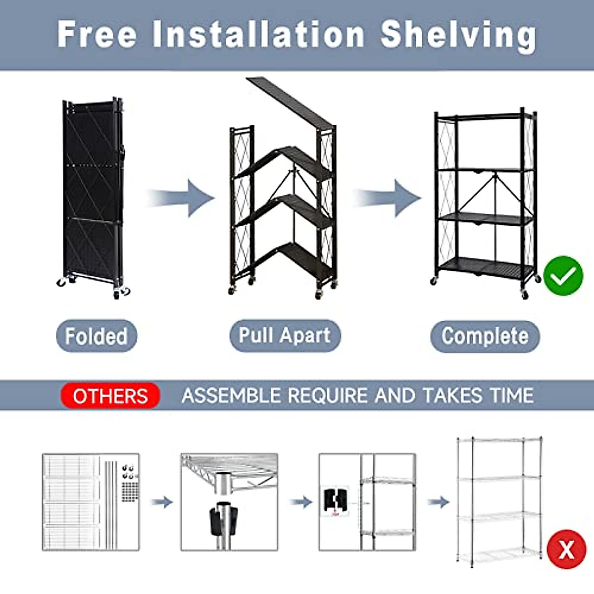 MYDENIMSKY 4 Tier Storage Shelf, Heavy Duty Foldable Shelving Units with Wheels, Metal Storage Rack, Wire Shelving Units No Assemble Required, Moving Easily Great for Laundry Garage Kitchen, Black