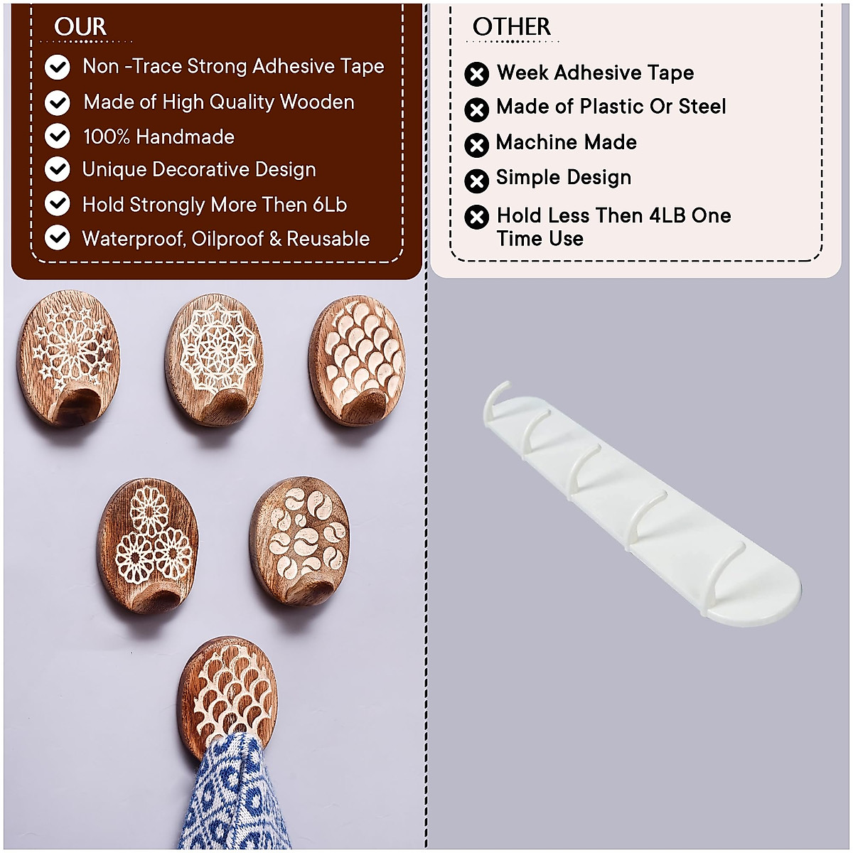 Indian Shelf 6 Pack Wood Wall Hooks- Adhesive Wall Hooks -Decorative Wall Hooks for Hanging- Boho Wall Hooks -Sticky Coat Hooks Wall Mount- Wooden Towel Hooks for Bathroom Wall Mounted- Style 1