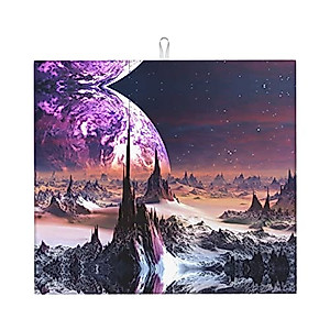 Galaxy Stars Hills Printed Drying Mat For Kitchen Ultra Absorbent Microfiber Dishes Drainer Mats Non-Slip Silicone Quick Dry Pad - 18 X 16inch