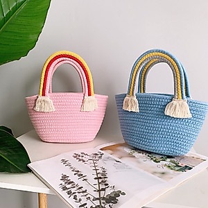 LOHGOU Women Girls Handwoven Cotton Handbag Rainbow Tassel Tote Bag Summer Beach Purse (Blue)