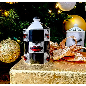 AlphaDesignLuxe Decorative Candle Holder Handcrafted Aromatherapy Candle Jar Italian Designer Décor Fashionable Tabletop Vase Modern Art Female Face Eyes Lips Centerpiece. (Red Lips Black Squares)