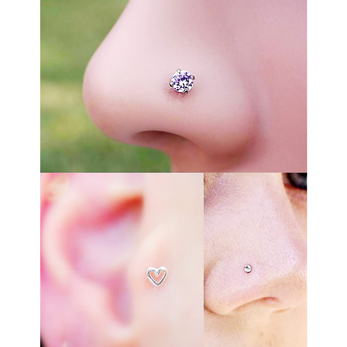 Hoeudjo 20G Opal Nose Rings Surgical Steel Nose Ring Studs Heart CZ Inlaid Piercing Jewelry for Women Men Girls 28 Pieces Bone Nose Rings