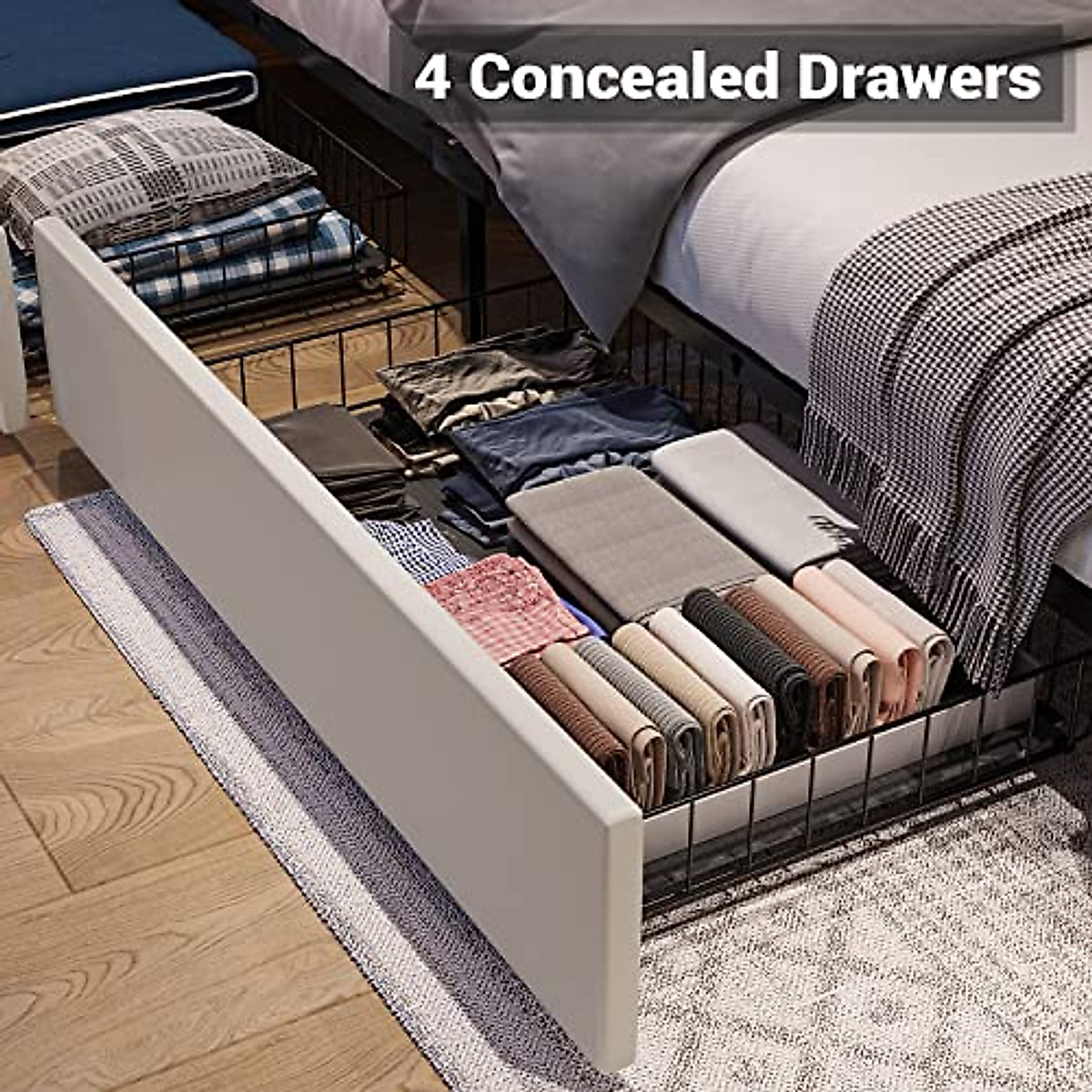 Hasuit Queen Bed Frame with 4 Storage Drawers, LED Light Queen Size Platform Bed with Charging Station, Artificial Leather Upholstered Bed with Adjustable Headboard, No Box Spring Needed