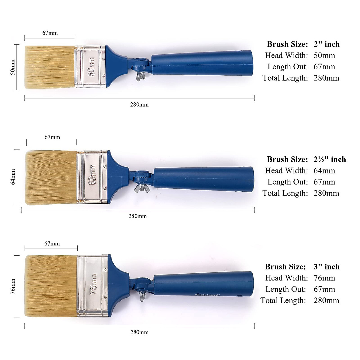 Genixart Multi Angle Adjustable Masonry Paint Brush, Stain Brushes for Fence & Wall Painting (3Pack Assorted Sizes)