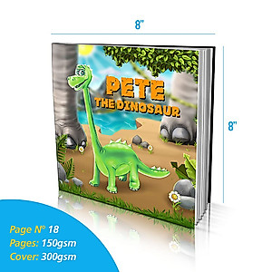 Personalized Story Book by Dinkleboo - The Dinosaur - for Kids Aged 0 to 8 Years Old -A Story About Your Child Going on an Adventure to find a New Dinosaur Friend. Soft Cover. 8"x8"