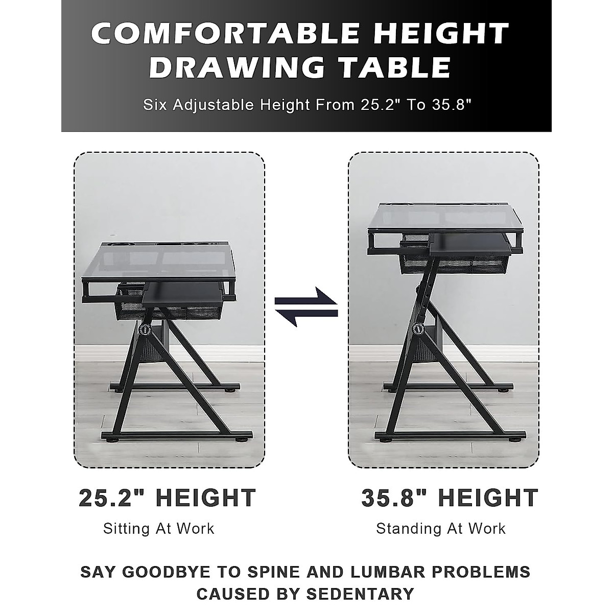 LifeSky Adjustable Drafting Table for Artists - Drawing Table with Storage for Artwork - Glass Art Desk with Drawers for Artists Painters Illustrators Cartoonists