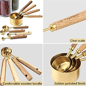 8 Piece Measuring Cups and Spoons Set Stainless Steel Measuring Cups and Spoons with Wood Handle for Dry and Liquid Ingredients(Golden)