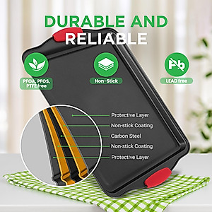 NutriChef Non-Stick Kitchen Oven Baking Pans-Deluxe & Stylish Nonstick Gray Coating Inside & Outside, Commercial Grade Restaurant Quality Metal Bakeware with Red Silicone Handles NCSBS3S, 3 Piece Set