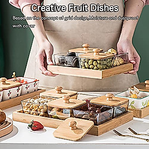 Square Snack Serving Tray,Divided Serving Tray with lid,Household Wooden Divided Serving Tray,Fruit Platter Tray for Parties,Snack Tray with lid,Suitable for Candy,Nuts,dips,Fruits
