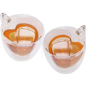 ECO NAVA Set of 2 Pack Creative Heart Shape Design Double-Layer Transparent Double Wall Drinking Glass Cup Mug (7 oz, 180 ml) for Coffee, Tea