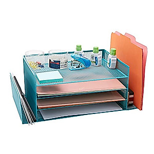 Mind Reader Desk Organizer with 6 Compartments [4 Trays and 2 Side File Holders ] For Pen, Pencil, Mail, Magazines and Office Accessories (Turquoise)