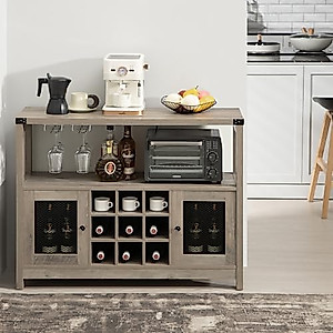 SICOTAS Coffee Bar Cabinet with Storage - Farmhouse Sideboard Buffet Cabinet Wine Cabinet with Wine Rack, Boho Liquor Cabinet for Home, Kitchen Cabinet with Mesh Doors for Dining Room, Oak