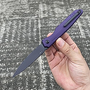 SHOOZIZ HAN312 Pocket Knife Folding Knife for EDC, 3.38" DC53 Steel Blade G10 Handle Folding knife With titanium alloy clip Ceramic ball bearing locating ball Everyday Carry Knife for Men Women (Purple+Black Blade)