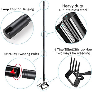 Cultivator Hoe Garden Tools for Gardening, Heavy Duty Stainless Steel 4 Tine Hand Garden Rake Cultivator and Stirrup Hoe Long Handle for Women Weeding Loosening Digging 30-60 inch