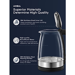 Electric Kettle, Aiheal Glass Kettle Temperature Control With 5 Colors LED Lights Variable, Keep Warm, Fast Boiling Electric Kettle, Stainless Steel Inner Lid & Bottom, 1.7L