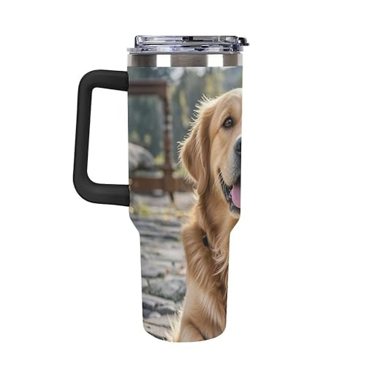LLUTSNTH 40 Oz Vacuum Tumbler with Black Handle Leakproof Insulated Tumbler Golden Retriever Dog Stainless Steel Travel Mug with Lid And Straw Coffee Cup Cute Water Bottles Cup Holder Friendly