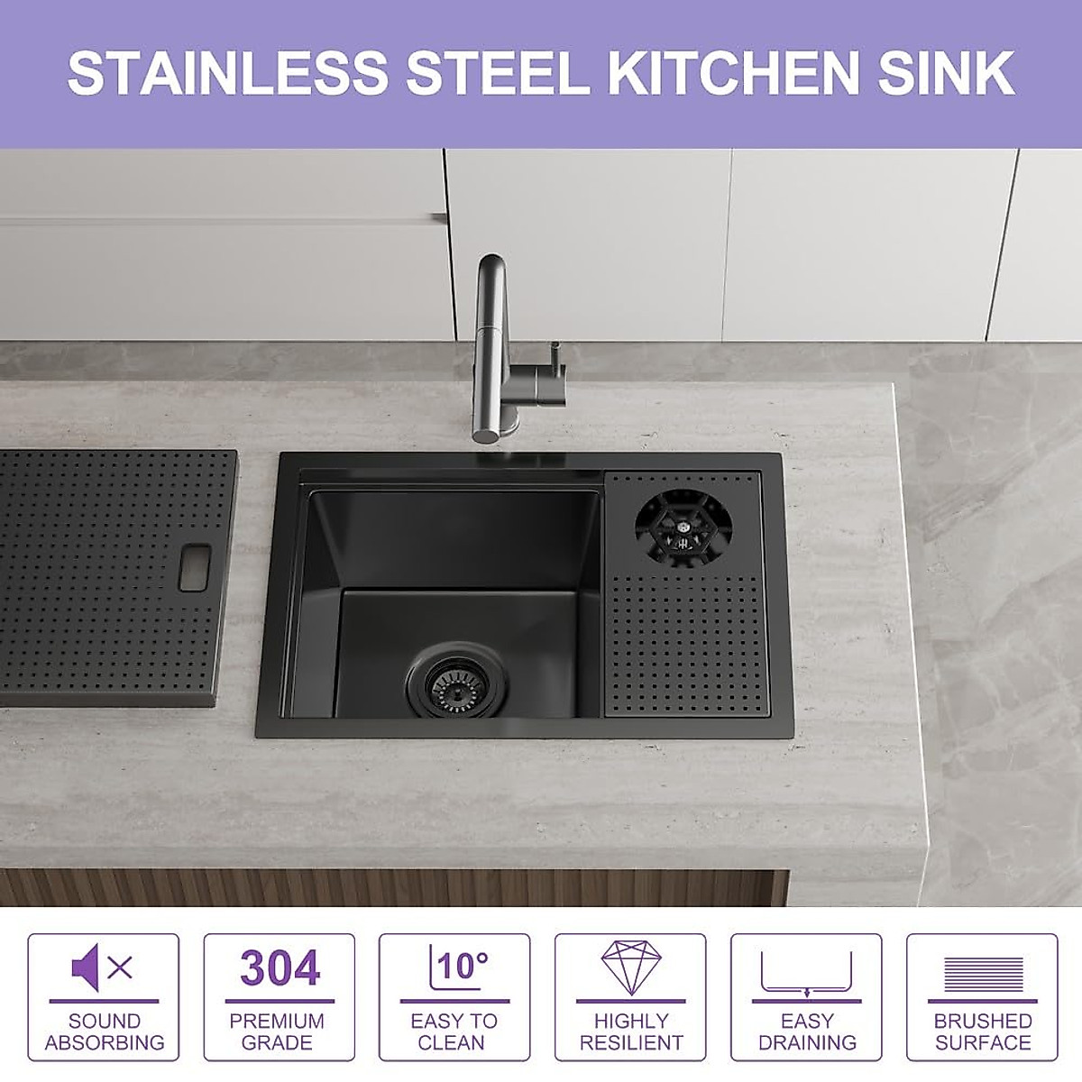 BULUBEE Black Stainless Steel Bar Sink with Glass Rinser, Single Bowl Kitchen Sink, Drop-in or Undermount (23"L x 15"W x 9"D)