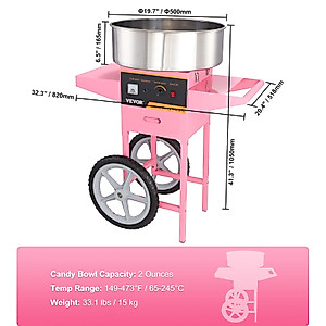 VBENLEM Commercial Cotton Candy Machine with Cart, Electric Floss Maker with Stainless Steel Bowl, Sugar Scoop and Drawer, for Family and Various Party, Pink