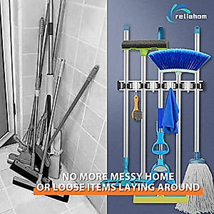reliahom 2 Pack Broom Holder Mop Hanger Wall Mount Metal Organization Garage Storage System Garden Kitchen Tool Organizer(5 Racks with 4 Hooks, Black)
