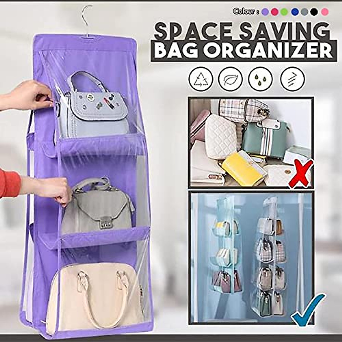 Double-Sided Six-Layer Hanging Storage Bag, High Capacity Transparent Collapsible 6 Pockets, Hanging Closet Storage Bag, Hanging Purse Handbag Organizer (Black)