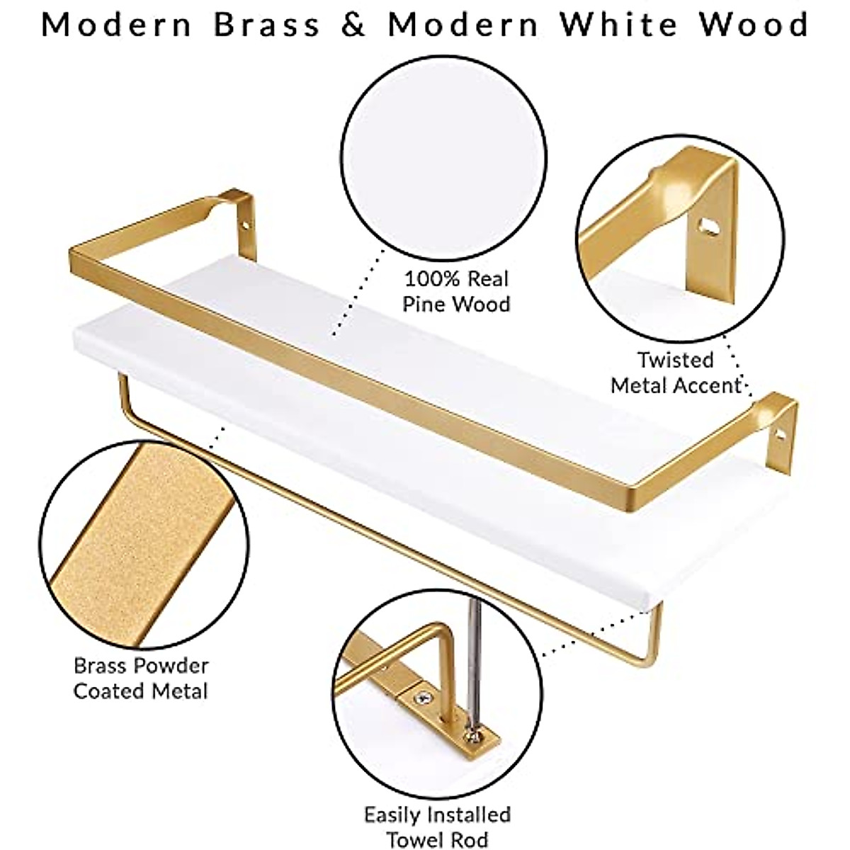 Peter's Goods Modern Floating Shelves with Rail, Modern Brass Finish, Set of 2 Shelves - Wall Mounted Bathroom Wall Shelves with Towel Bar - Also Perfect for Bedroom Decor and Kitchen Storage