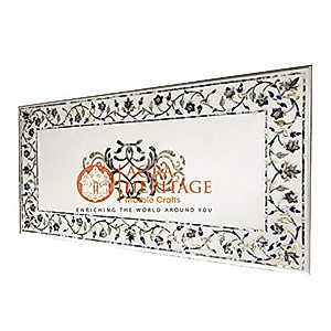 White Marble Dining Inlay Table Top Mother of Pearl Lapis Lazuli Inlay Floral Handicraft Design Decor