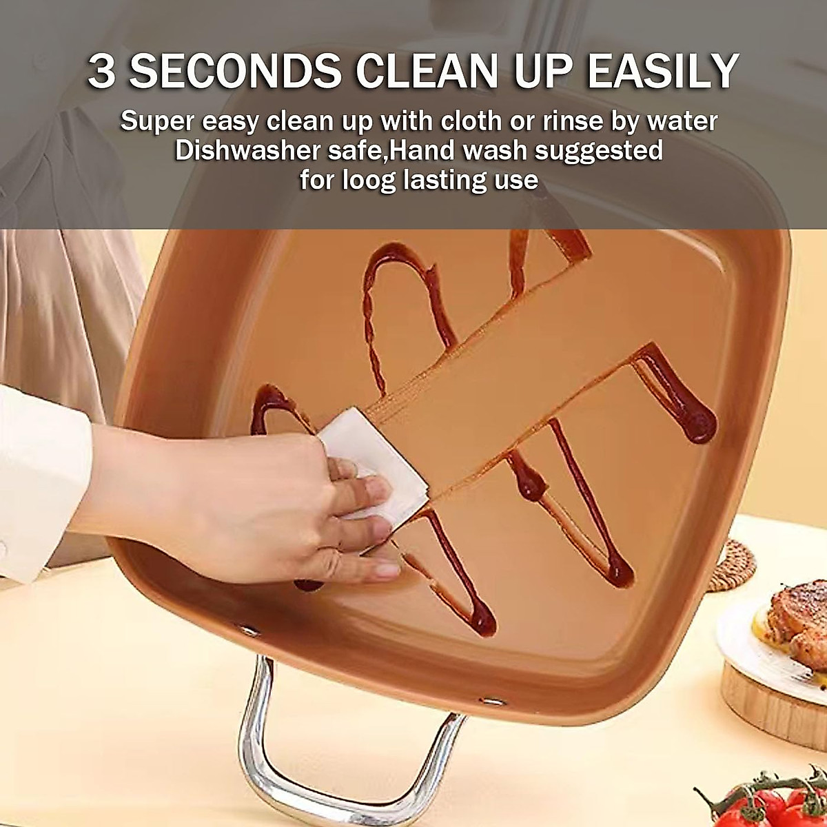 Feipone Non Stick Deep Frying Pan with Lid, 9.5” Copper Square Pan for Cooking, 6 Piece Saute Pan Set with Fry Basket, Steamer Rack, Oven Grips, Dishwasher & Oven Safe, 5 Quart Chef Cookware