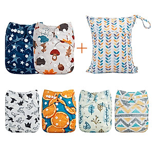 babygoal Cloth Diaper Covers 6 Pack with Wet Bag for Fitted Diapers and Prefolds with Double Gussets, Adjustable and Reusable for Baby Boys 6DCF05