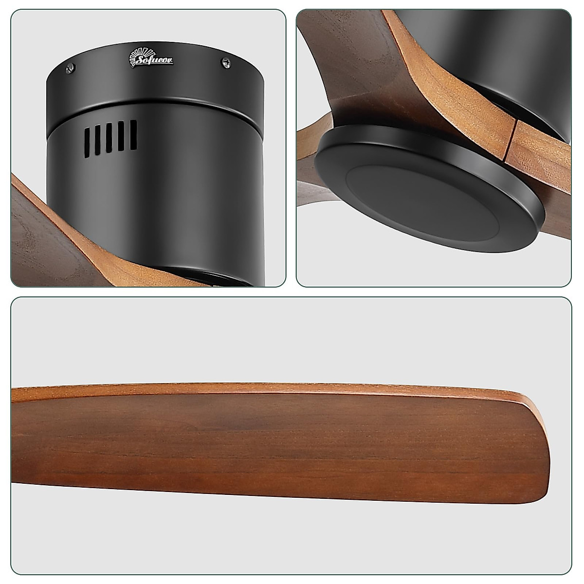 Sofucor 52 Inch Low Profile Ceiling Fan 3 Carved Wood Fan Blade Noiseless Reversible DC Motor Remote Control Without Light Flush Mount Farmhouse Ceiling Fan No Light for Low Ceiling