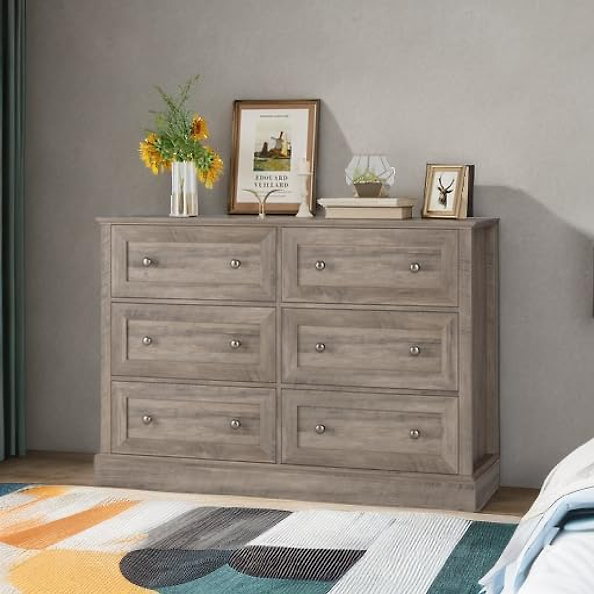 FACBOTALL Modern 6 Drawer Double Dresser, Wood Dresser Chest, Wide Chest of Drawers with Deep Drawers & Mental Double Handles for Hallway Living Room, Wash Gray