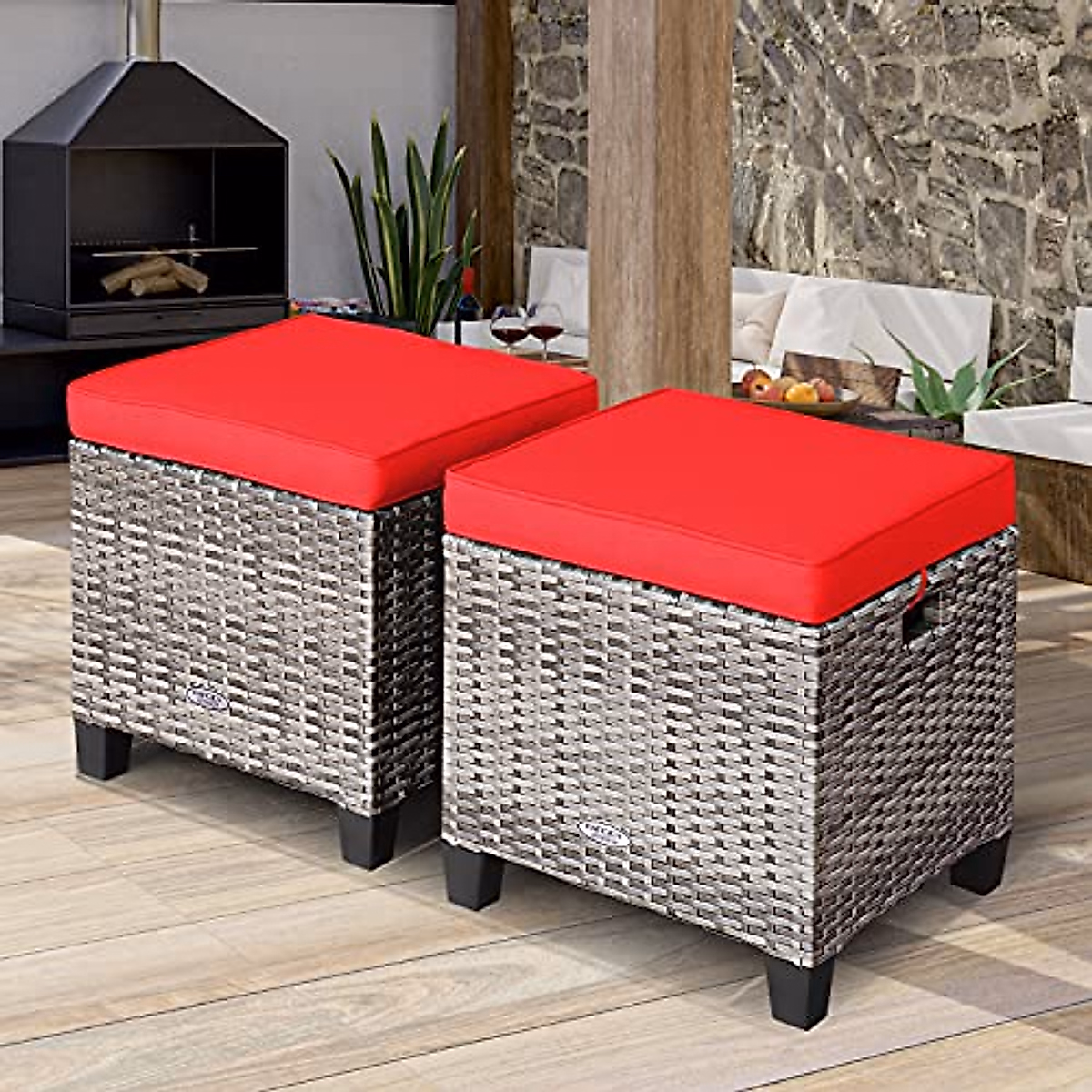 Tangkula 2 Pieces Patio Rattan Ottomans, Outdoor Wicker Footstool Footrest Seat with Soft Cushions and Steel Frame, All-Weather Patio Ottoman Set for Backyard Garden Poolside (Red)