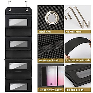 FYY Over the Door Organizer, 4-Shelf Wall Mount Hanging Pantry Storage Pocket with Clear Window for Bedroom Bathroom Kitchen Nursery Closet Dorm Storage Cosmetics, Stationery, Sundries, Toys Black