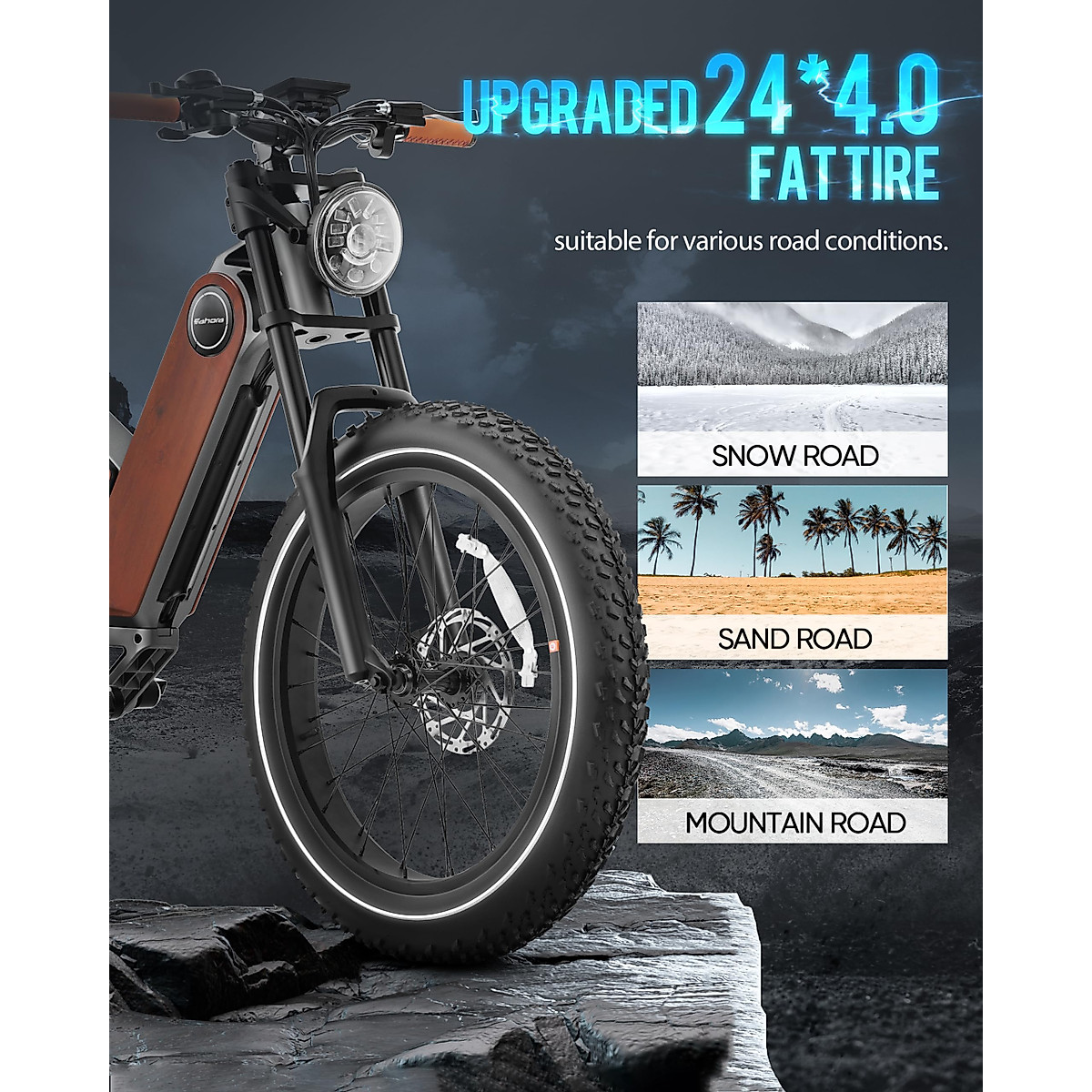eAhora P5 Plus Electric Bike for Adults, 28MPH 750W(MAX 1000W) 48V 20Ah Long Range Removable Battery Ebike, 7 Speed Electric Mountain Bike, 24 * 4.0'' Fat Tire Electric Bike, Full Suspension