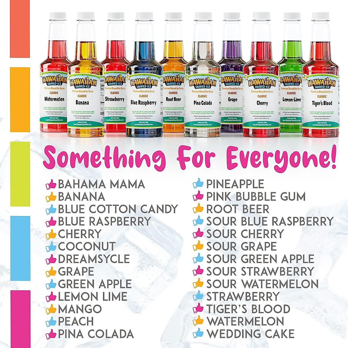 Hawaiian Shaved Ice Syrup Assortment with 3 - 16oz Bottles, 25 Snow Cone Cups, 25 Spoon Straws, and 3 Pouring Spouts. Flavors: Cherry, Blue Raspberry, and Grape. Allergy-friendly.