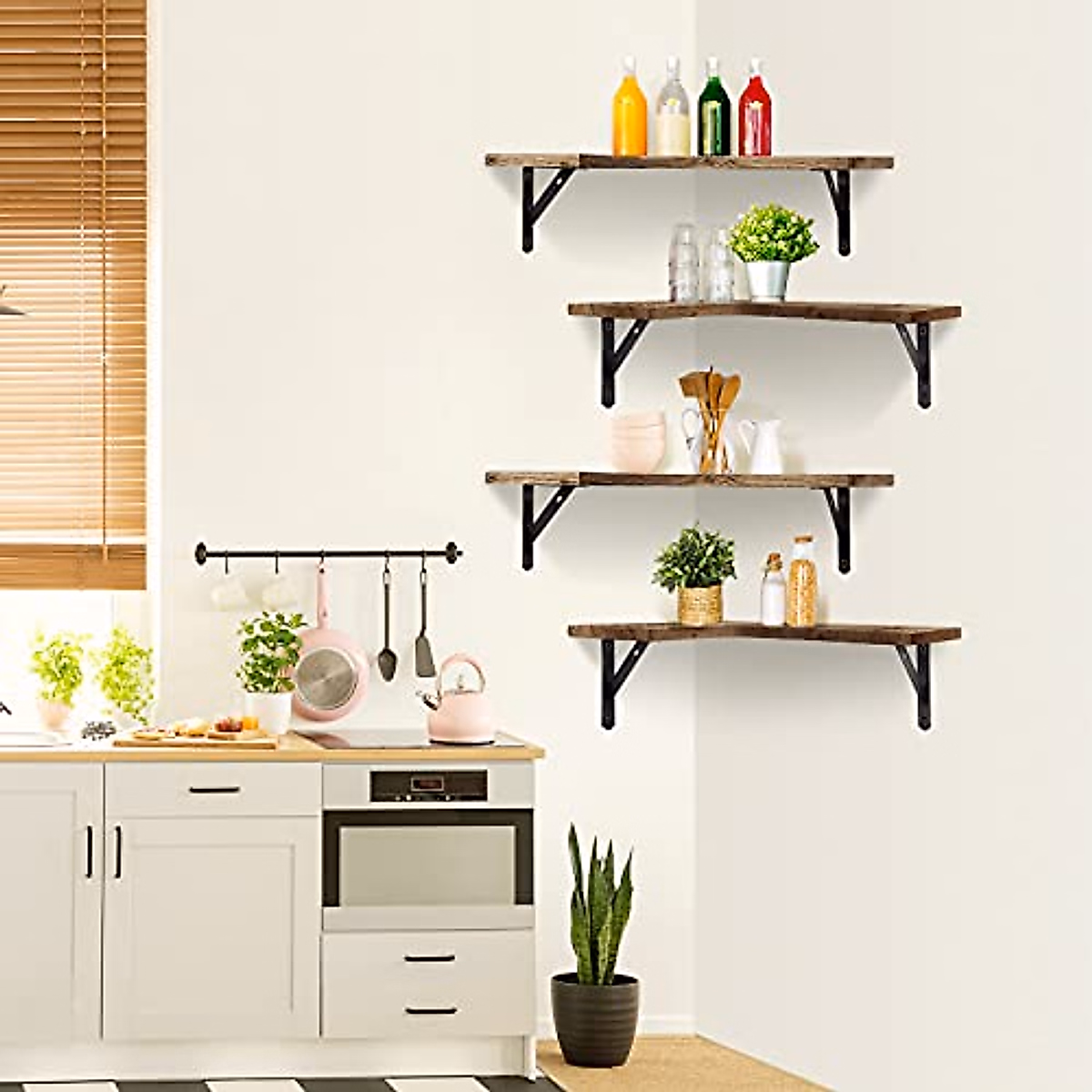 EACHPAI Corner Floating Shelves Wall Mounted Set of 4, Rustic Wood Wall Storage Shelves for Bedroom, Living Room, Bathroom, Kitchen, Office and More…