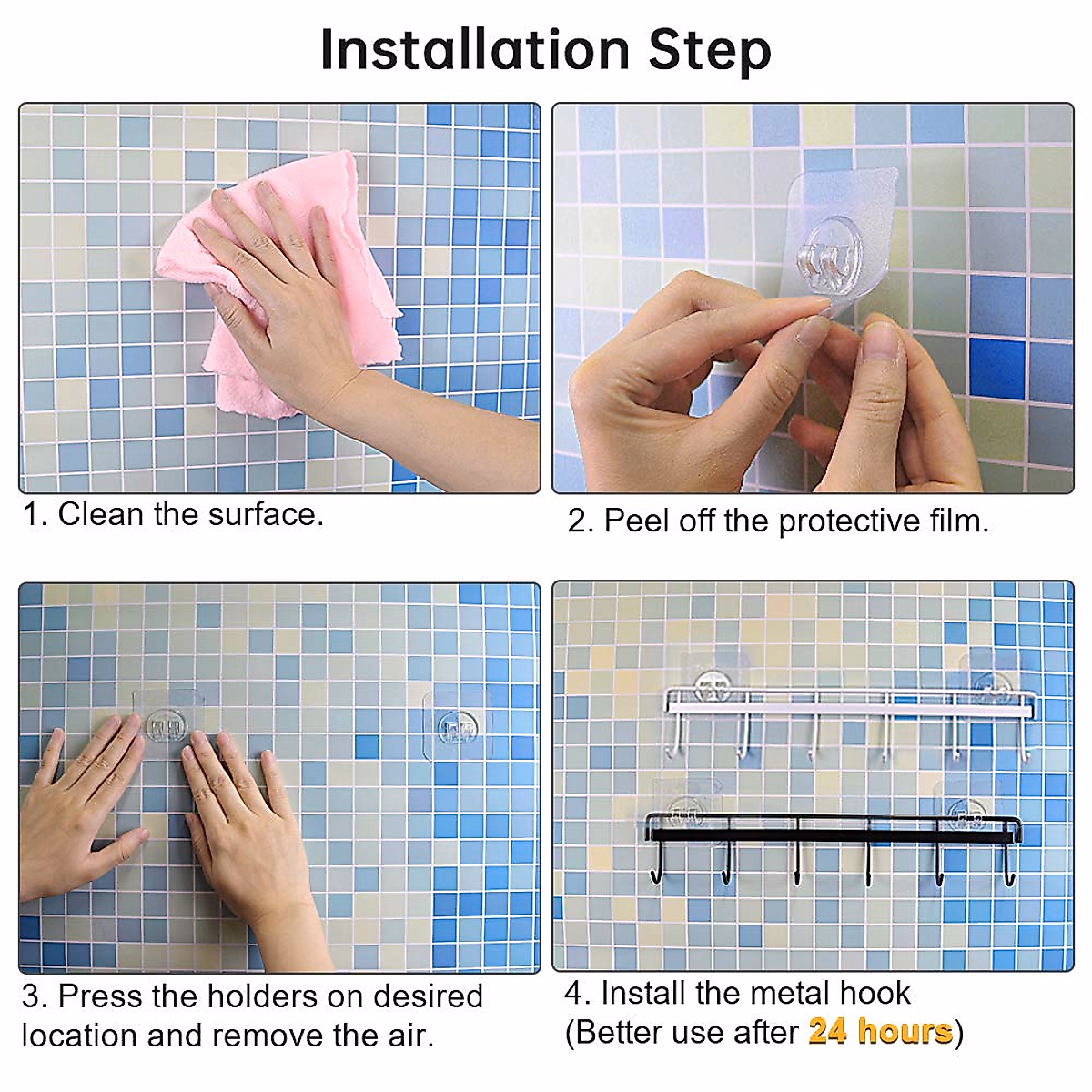 Yizhi Adhesive Wall Hooks Rack Kitchen Rail, Space Saving Utensil Holder No Drilling Wall Mounted Accessory Hanger with 6 Hooks for Kitchen Bathroom Bedroom Pack of 2 (Black)