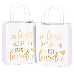 WRAPAHOLIC Medium Size Gift Bags - Gold Foil We Love Because He First Loved Us White Paper Bags with Handles for the Lovers of Scriptures and Christians - 12 Pack - 8" x 4" x 10"