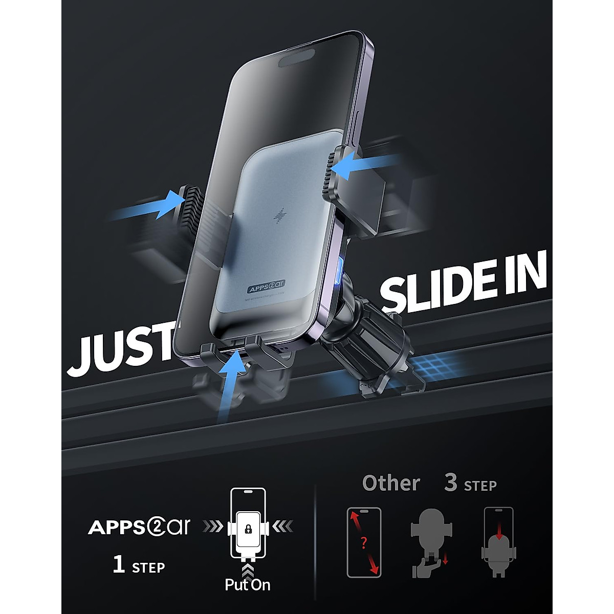 APPS2Car Wireless Car Charger Auto Clamping Wireless Car Charger Mount Car Phone Holder Wireless Charger for Dashboard & Air Vent Phone Mount for Car Wireless Charging for iPhone 15/14/13 Galaxy etc