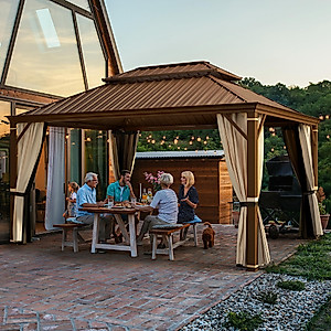 Hardtop Gazebo 12' x 16' W/Steel Double Roof, Anti-Rust Coating Aluminum Frame Permanent Outdoor Waterproof Pavilion w/Curtains & Netting, Hard Top Gazebo for Patio Backyard Garden Lawn Parties, Brown