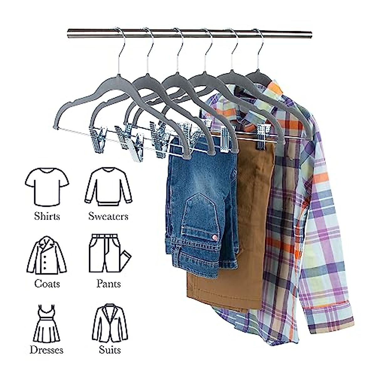 Simplify Children’s 6 Pack Slim Huggable Velvet Kids Hangers with Metal Clips, Good Nursery Closet, Baby Dresses, Outfits, Pants, Bodysuits & Jackets, Grey (3227-GREY)