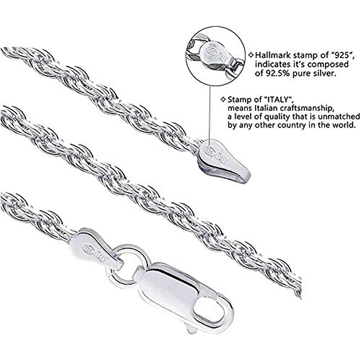 Savlano 925 Sterling Silver 4mm Solid Italian Rope Diamond Cut Twist Link Chain Necklace with Gift Box for Men & Women - Made in Italy