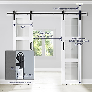 COSHOMER Double 24 x 84in 3-Panel Sliding Barn Door with Frosted Glass and 8FT Hardware Kit - Waterproof, Easy Assembly, Pre-Drilled Holes - Suitable for Openings up to 46in x 82in, White