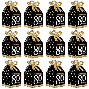 Big Dot of Happiness Adult 80th Birthday - Gold - Square Favor Gift Boxes - Birthday Party Bow Boxes - Set of 12